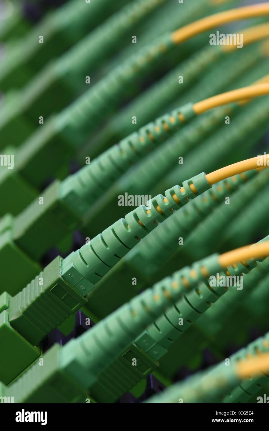 Optical fiber connector close up and distribution frame panel Stock ...