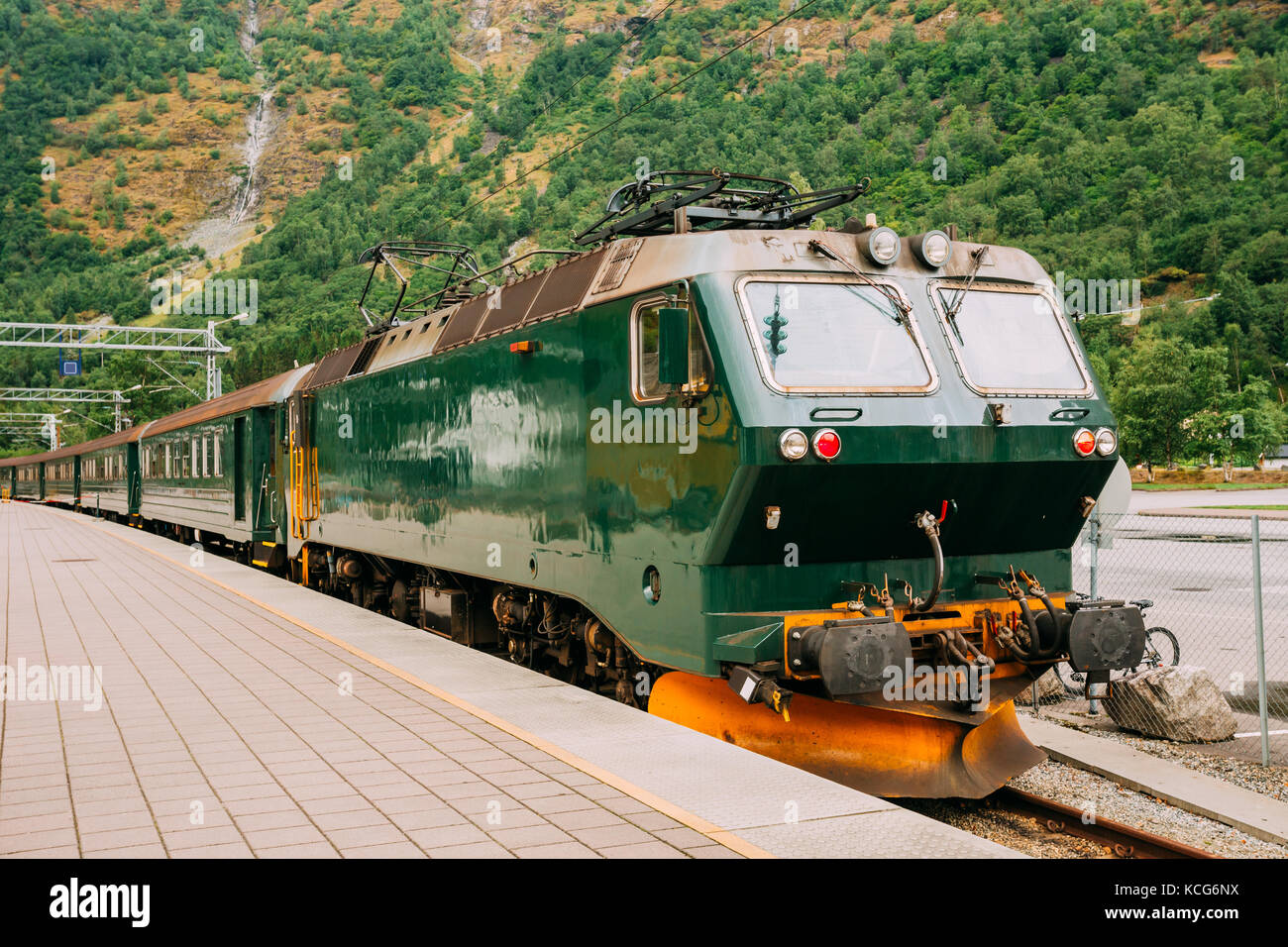 Flam, Norway. Famous Railroad Flamsbahn. Green Norwegian Train Near ...