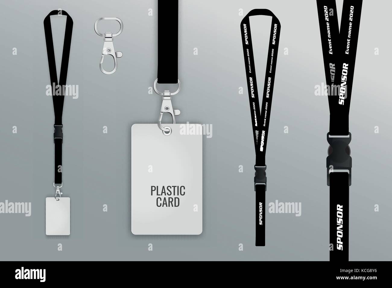 Set of lanyard and badge. Badge credit card measure. Metal piece ...