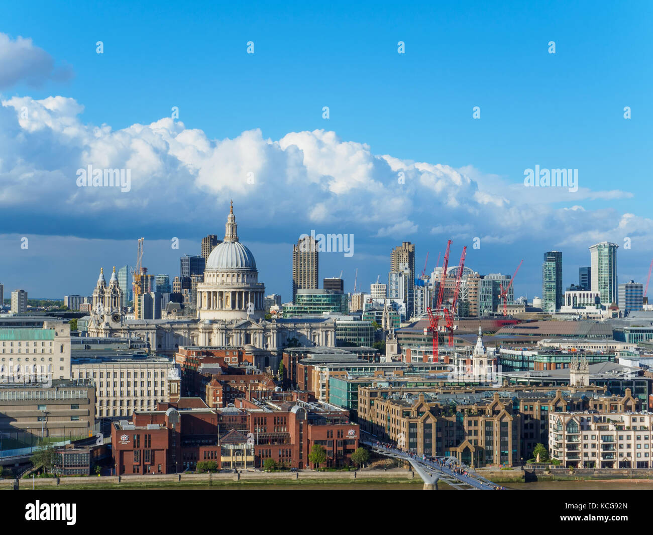 London skyline with a view of St Paul's Cathedral, Millennium Bridge ...