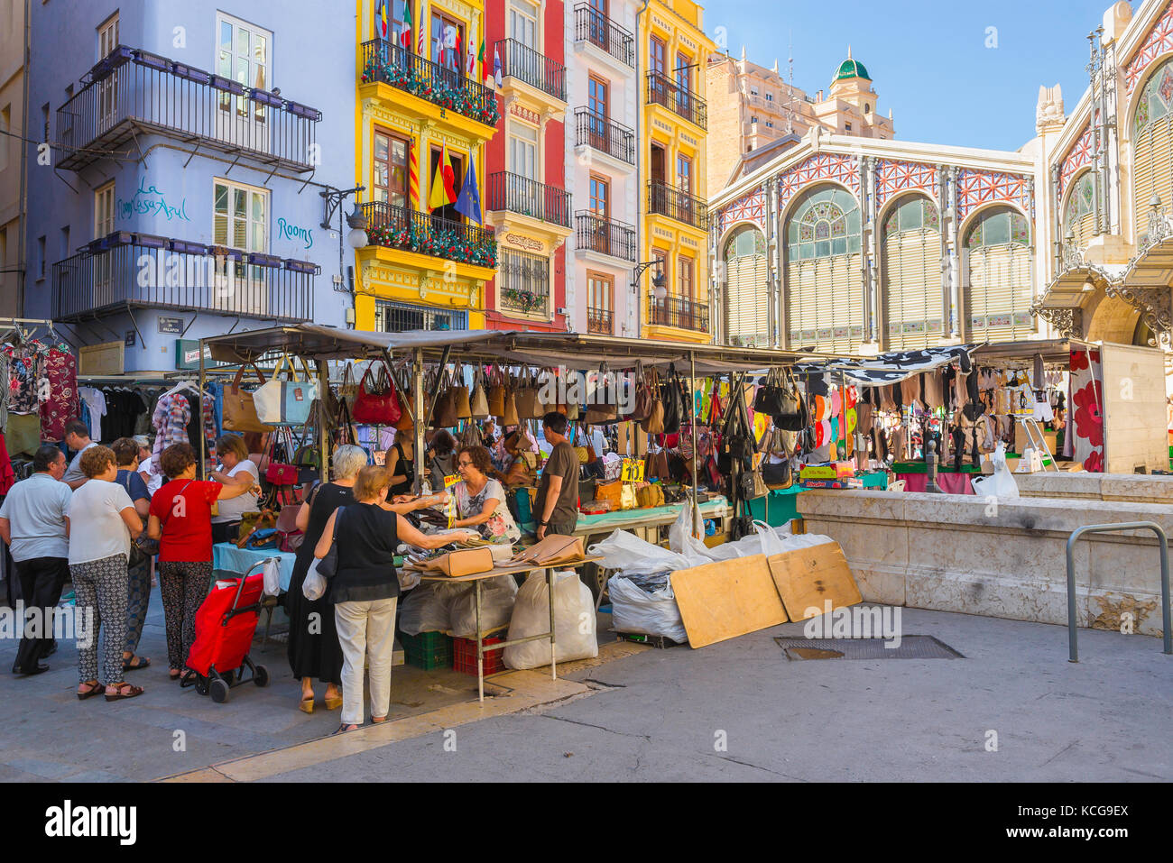 Valencia market Spain, view in summer of women shopping at stalls in ...