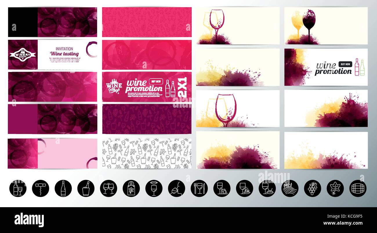 Set of banners with textured wine stains background. Wine icons ...