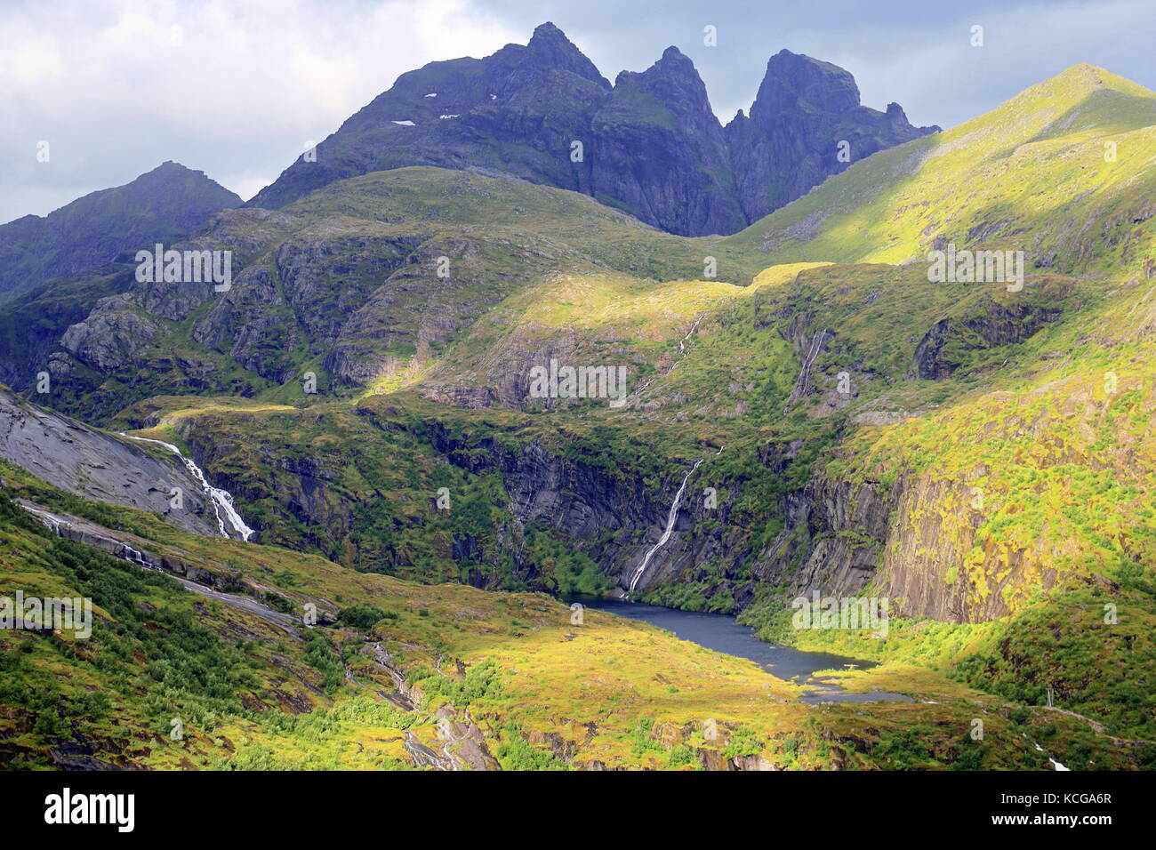 Panoramic views with waterfalls at hiking trail by Sorvagen, Lofoten ...