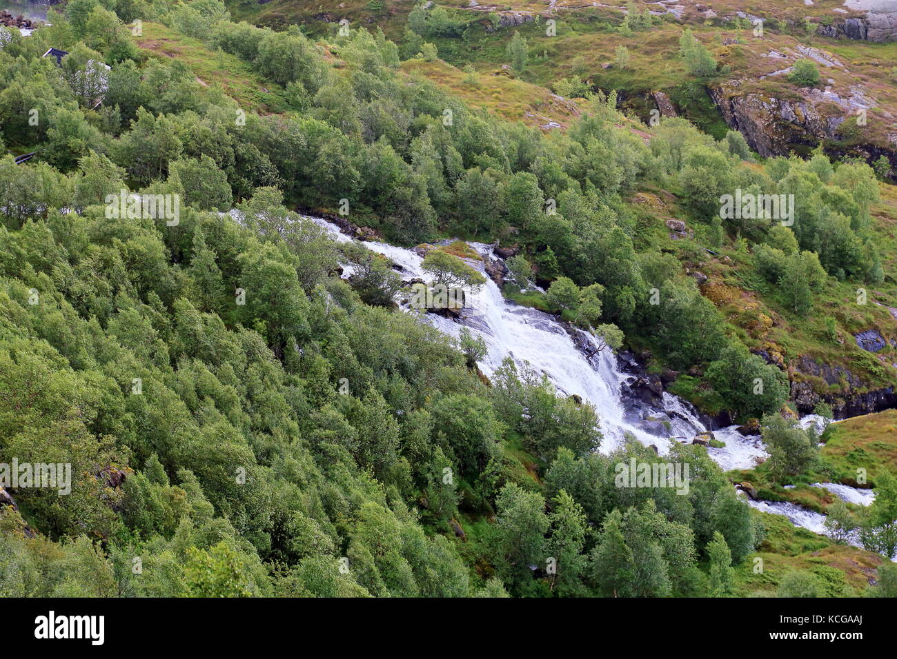 Panoramic views with waterfalls at hiking trail by Sorvagen, Lofoten ...