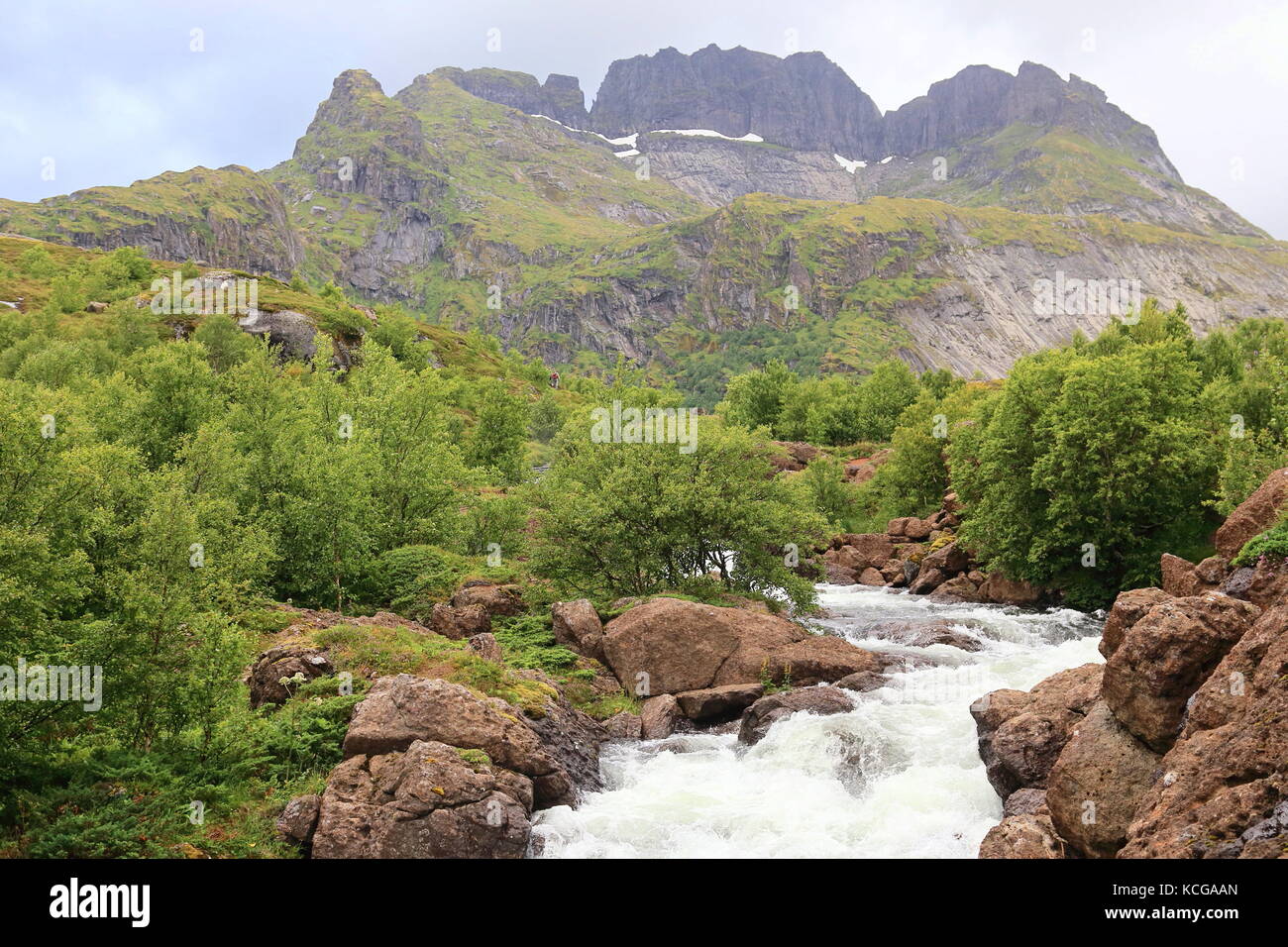 Panoramic views with waterfalls at hiking trail by Sorvagen, Lofoten ...