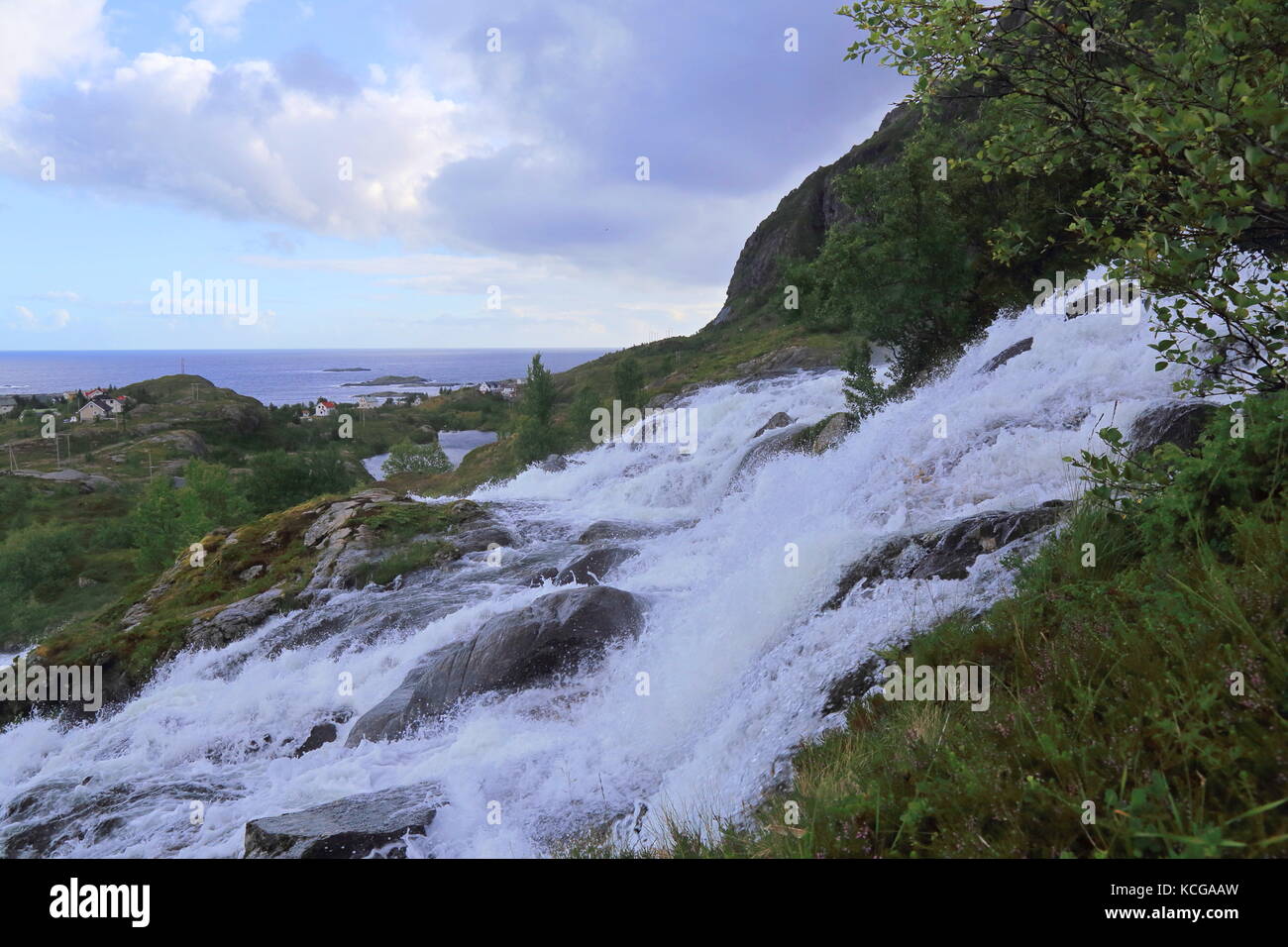 Panoramic views with waterfalls at hiking trail by Sorvagen, Lofoten ...