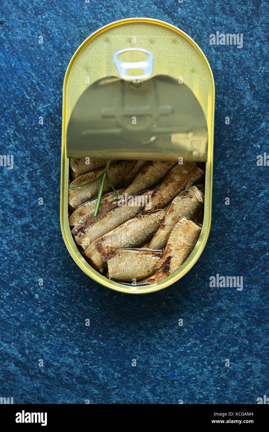 Canned smoked sprats, food top view Stock Photo - Alamy