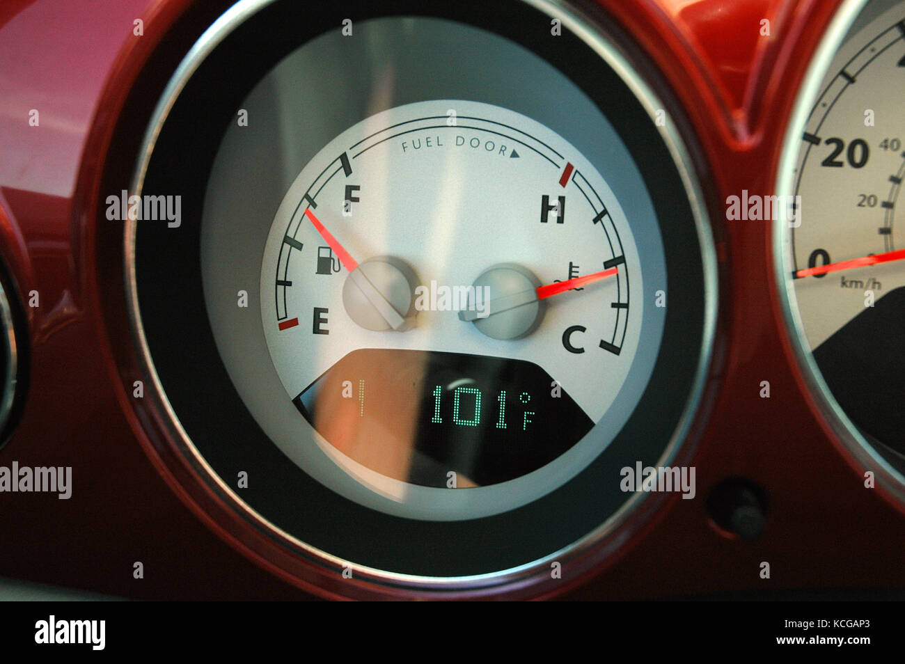Instrument panel inside a car showing hot temerature outside Stock ...