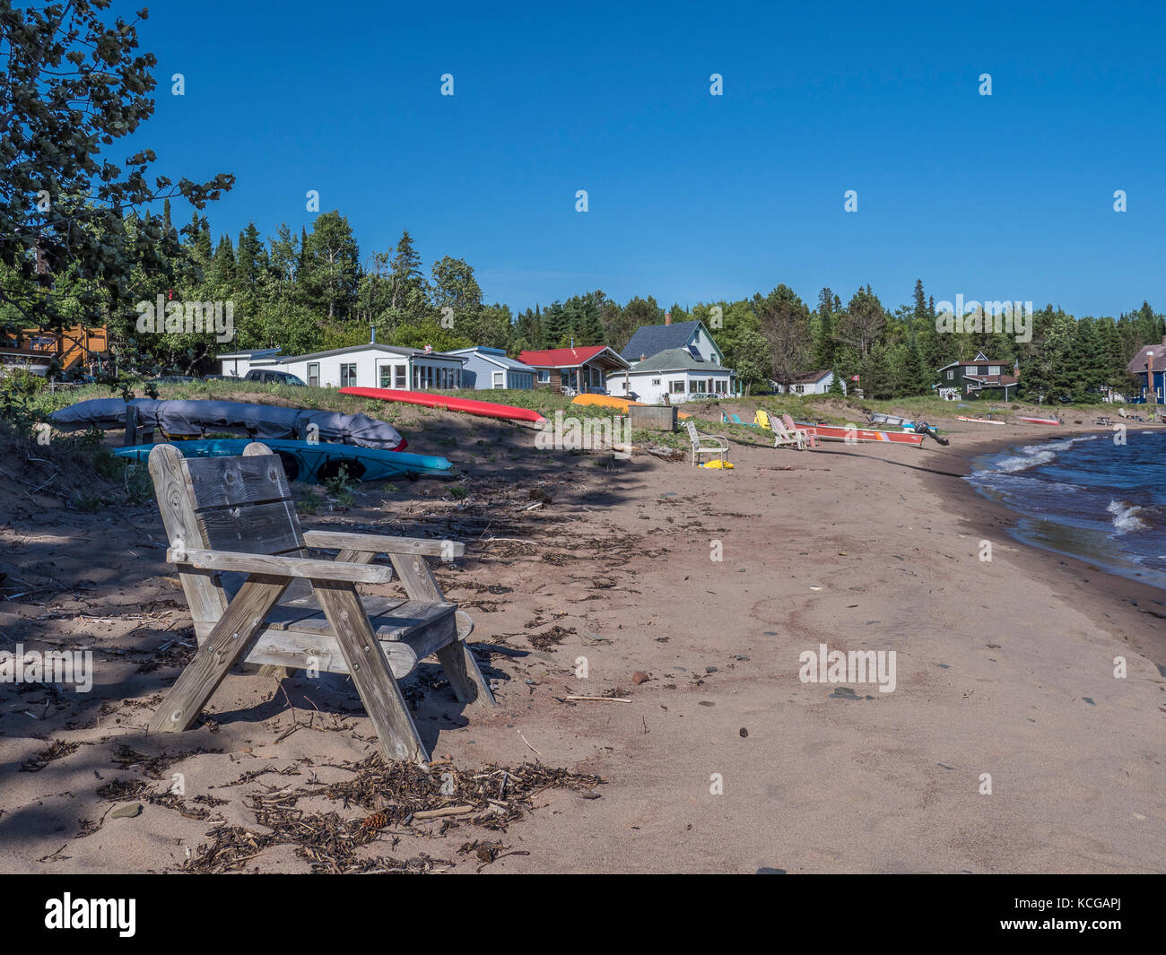 Chair on the beach, Silver Islet on the Sibley Peninsula, Lake Superior ...