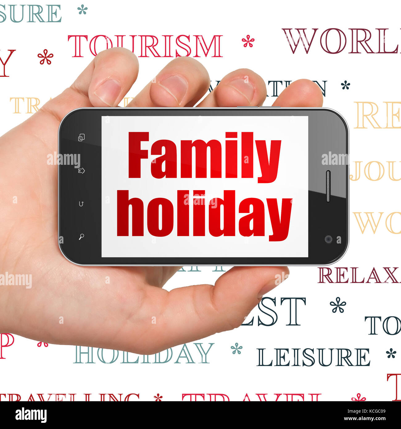 Travel concept: Hand Holding Smartphone with Family Holiday on display ...