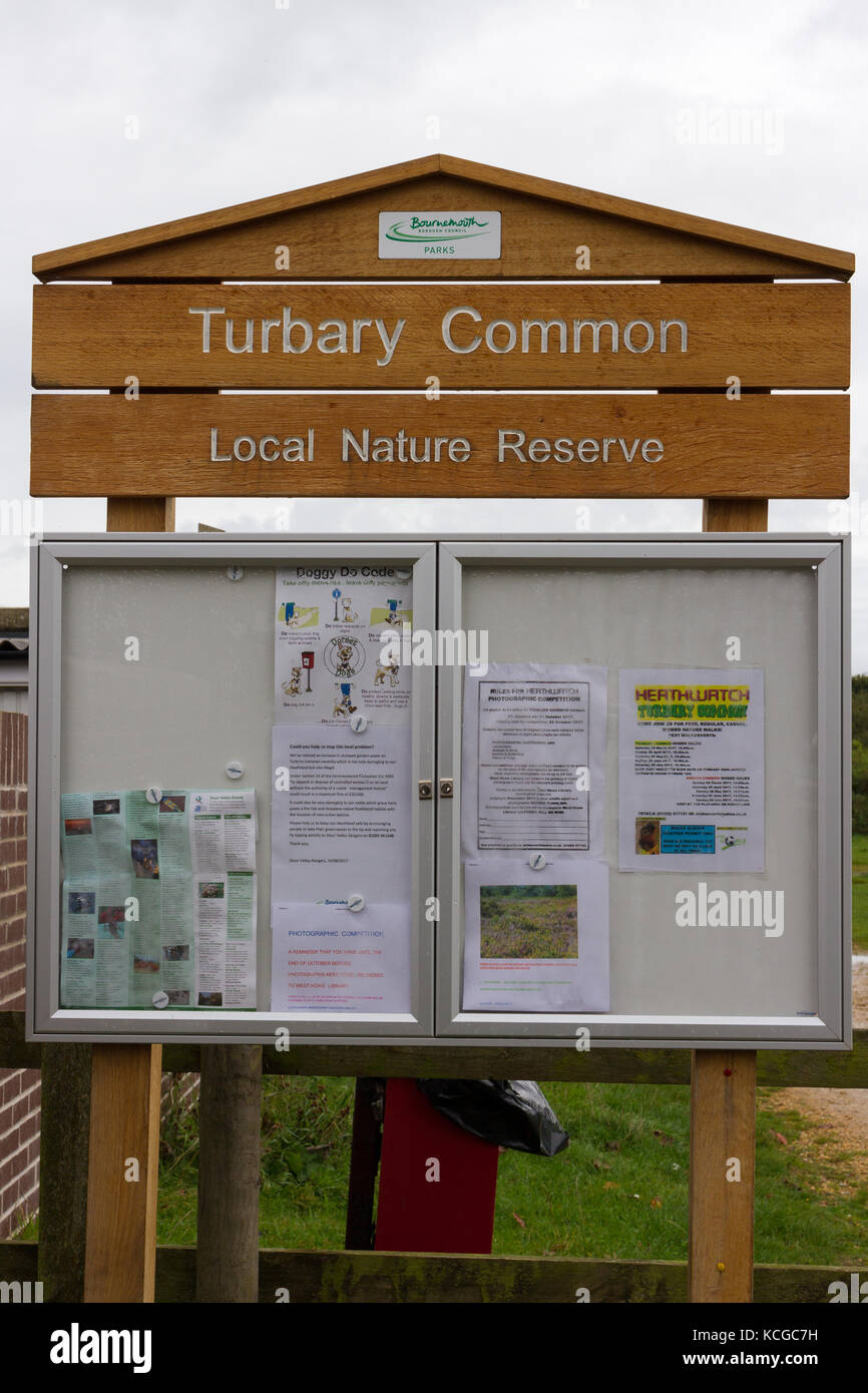 Turbary Common Local Nature Reserve entrance, notice board, Dorset, UK ...
