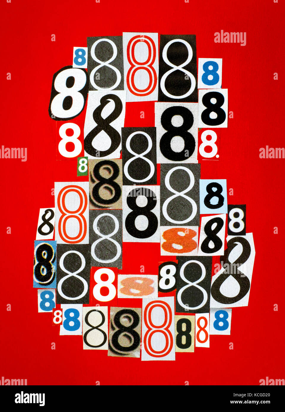 Number Eight made from numbers cutting from magazines on red background ...