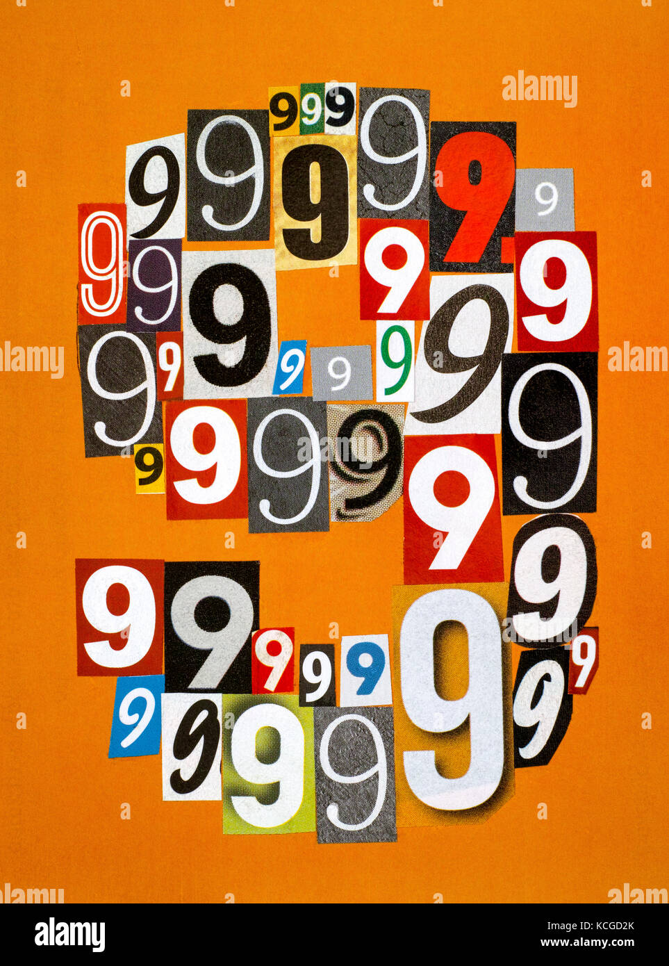 Number Nine made from numbers cutting from magazines on orange ...