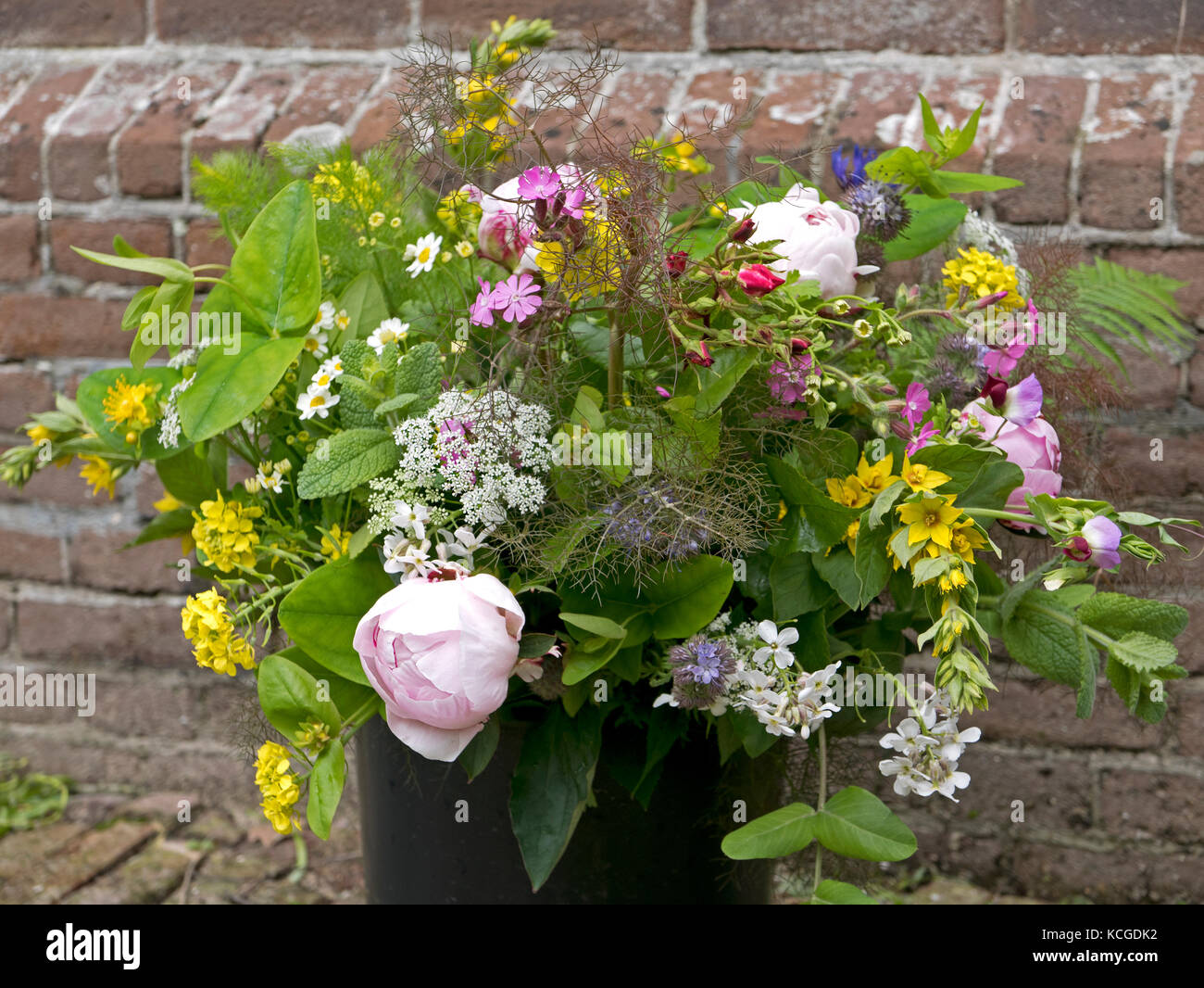 Peony bouquet a bucket in the garden Stock Photo - Alamy