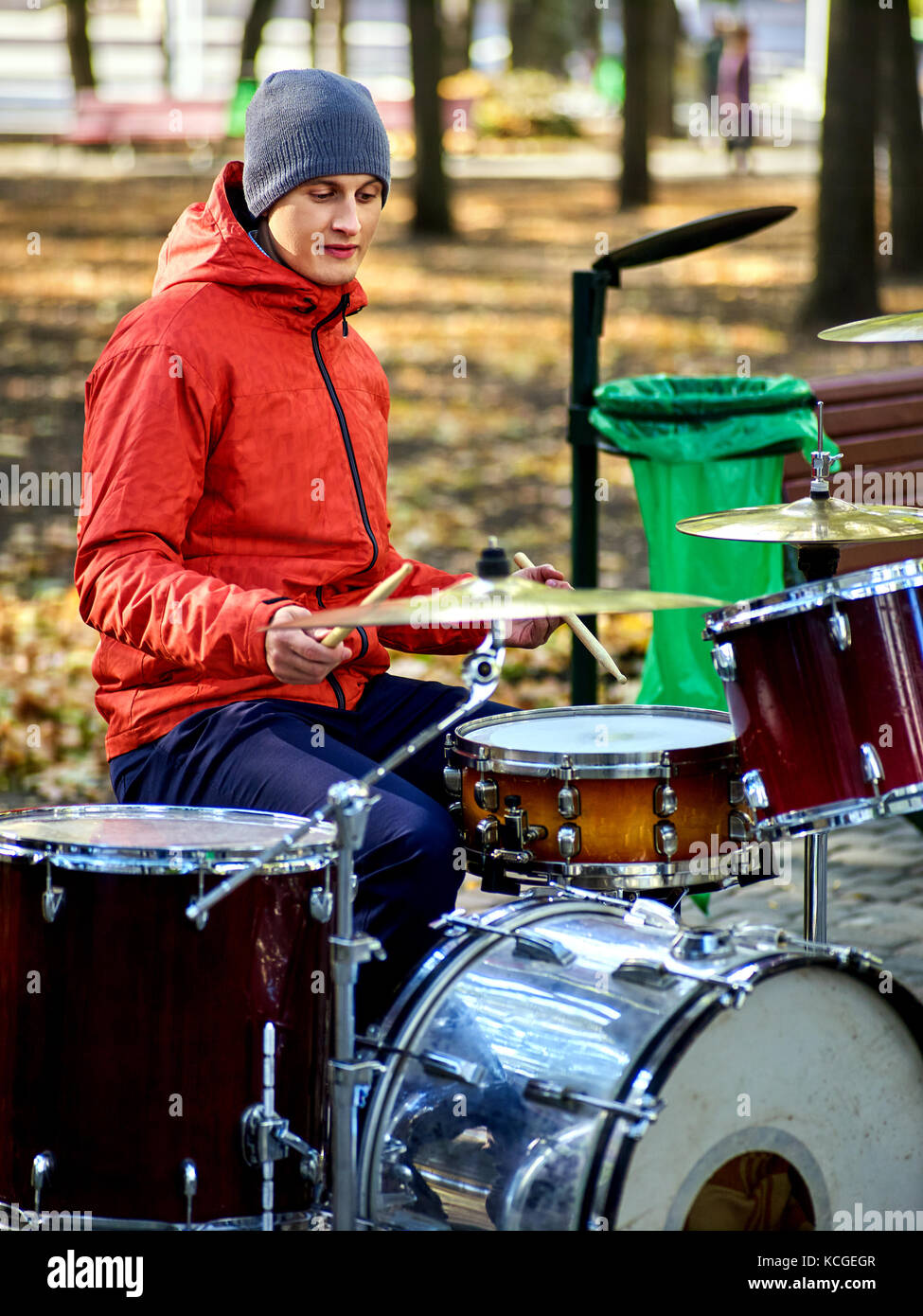 Festival music band. Friends playing on percussion instruments city ...