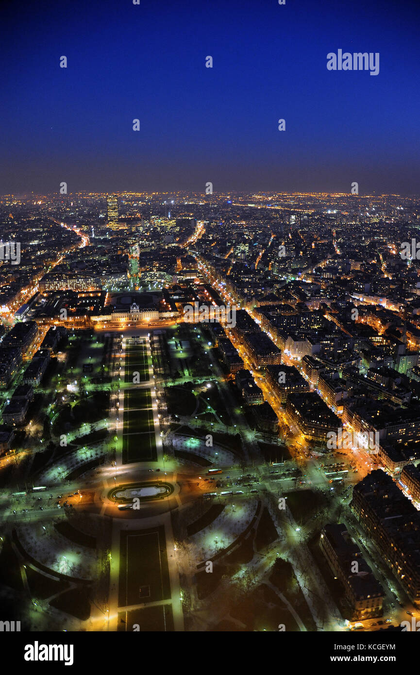 Champs de Mars viewed from the top of the Eiffel Tower at night. Paris ...