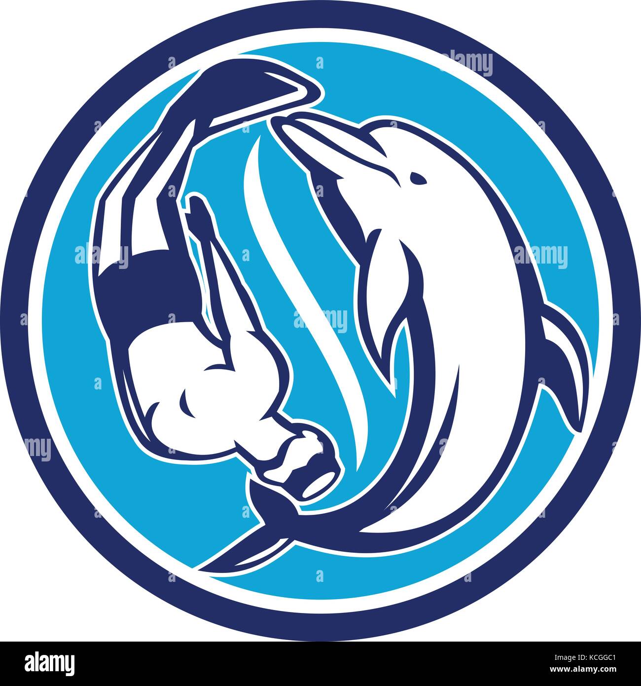 Retro style illustration of a Free Diver and Dolphin diving swimming in ...