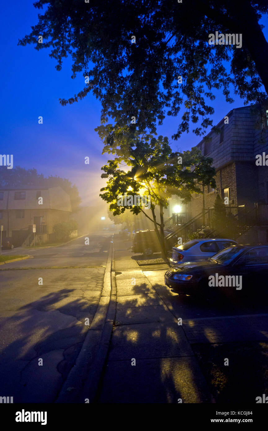 Driveway of row townhouses lit at night in the fog Stock Photo - Alamy