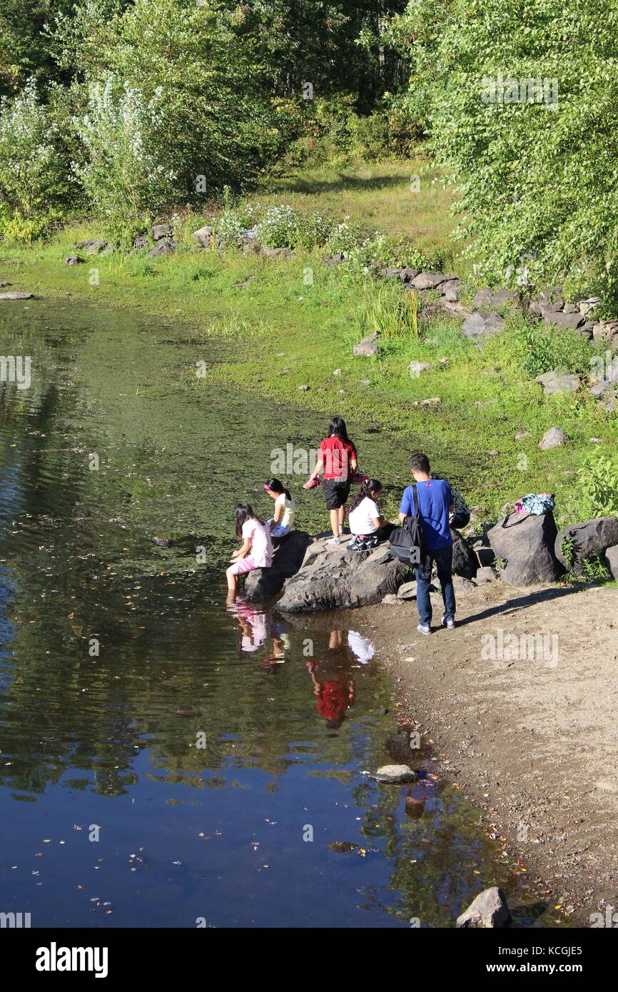 A family with children enjoys a day at the park by the pond enjoying ...