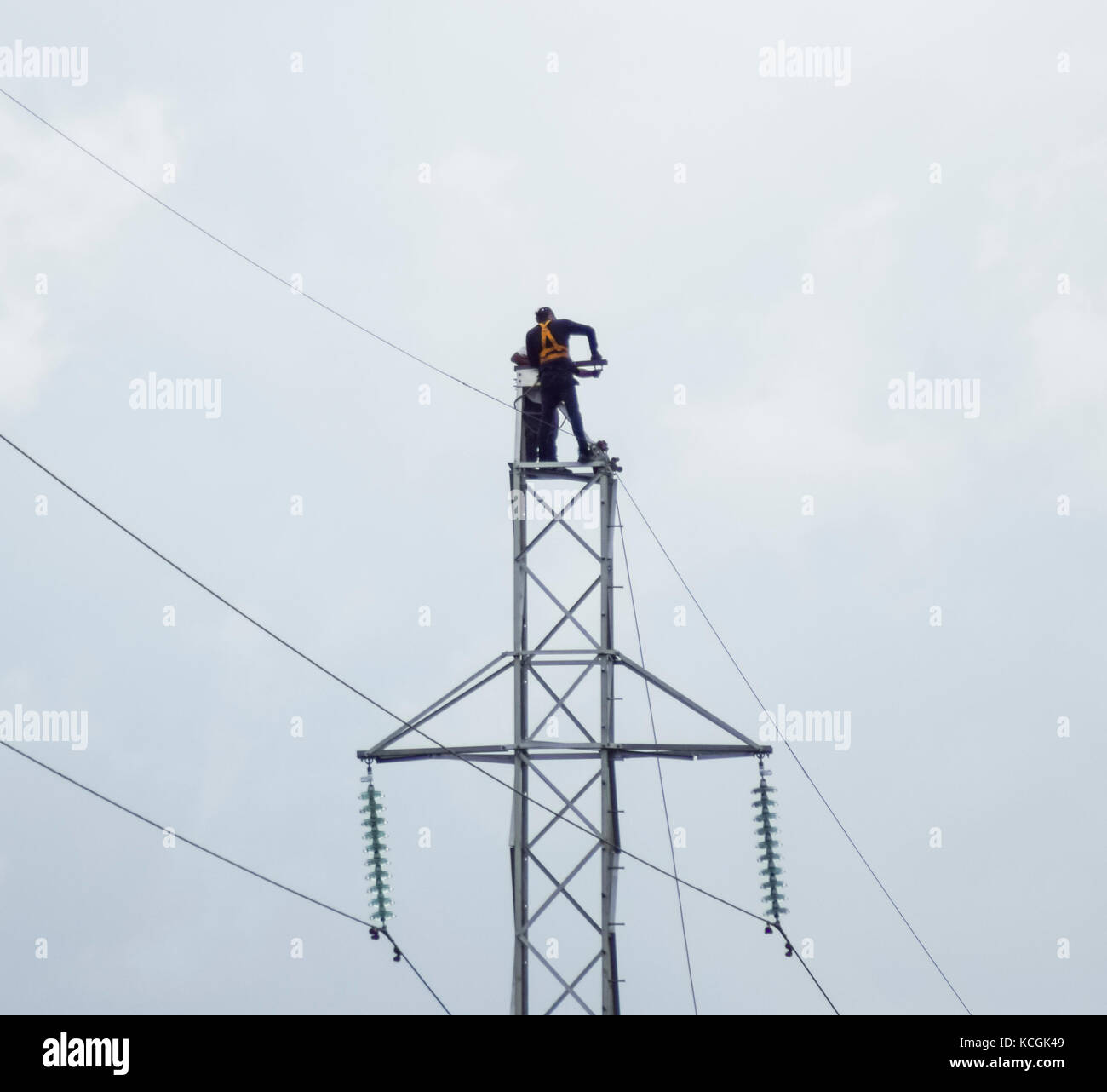 Power line support, insulators and wires. Appearance of a design ...