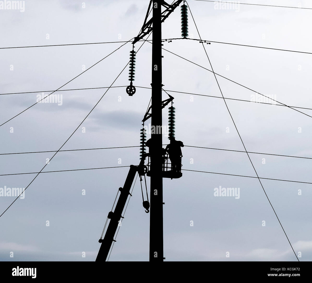 Power line support, insulators and wires. Appearance of a design ...