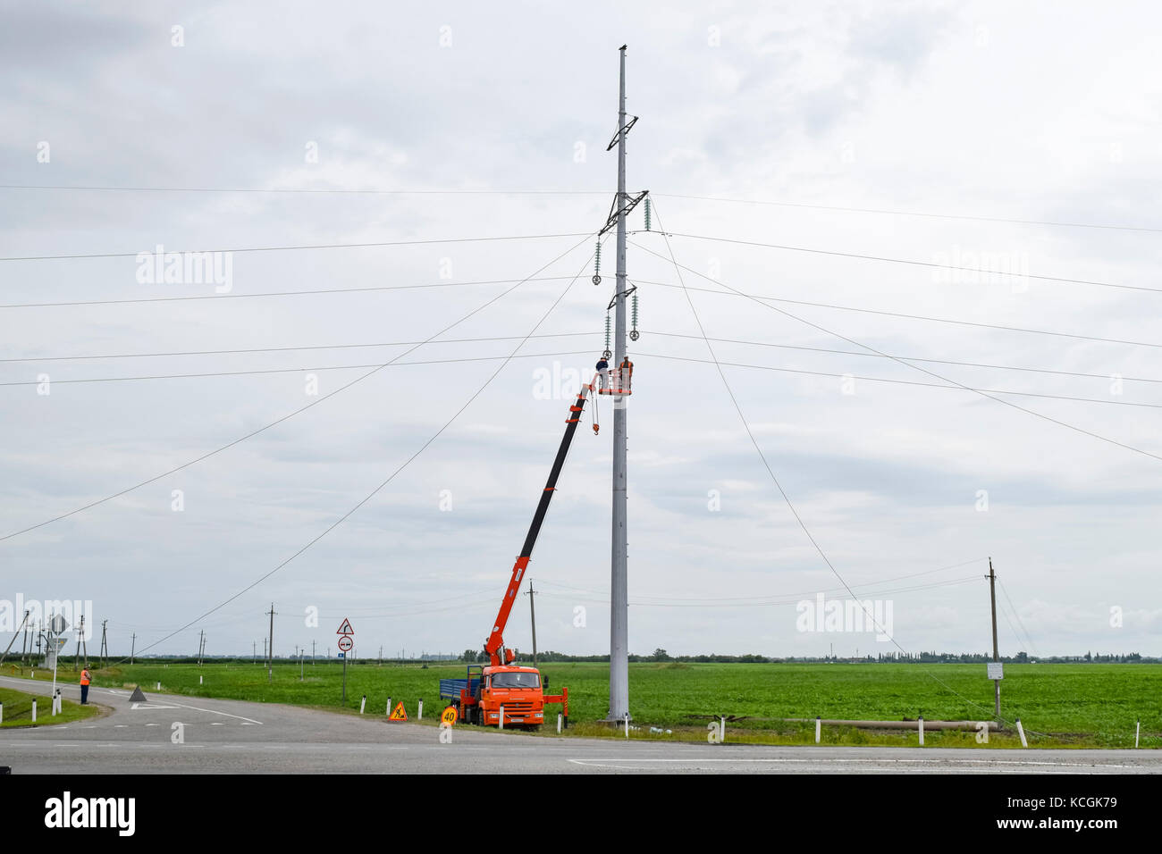 Krasnodar, Russia - September 26, 2017: Construction of a high-voltage ...