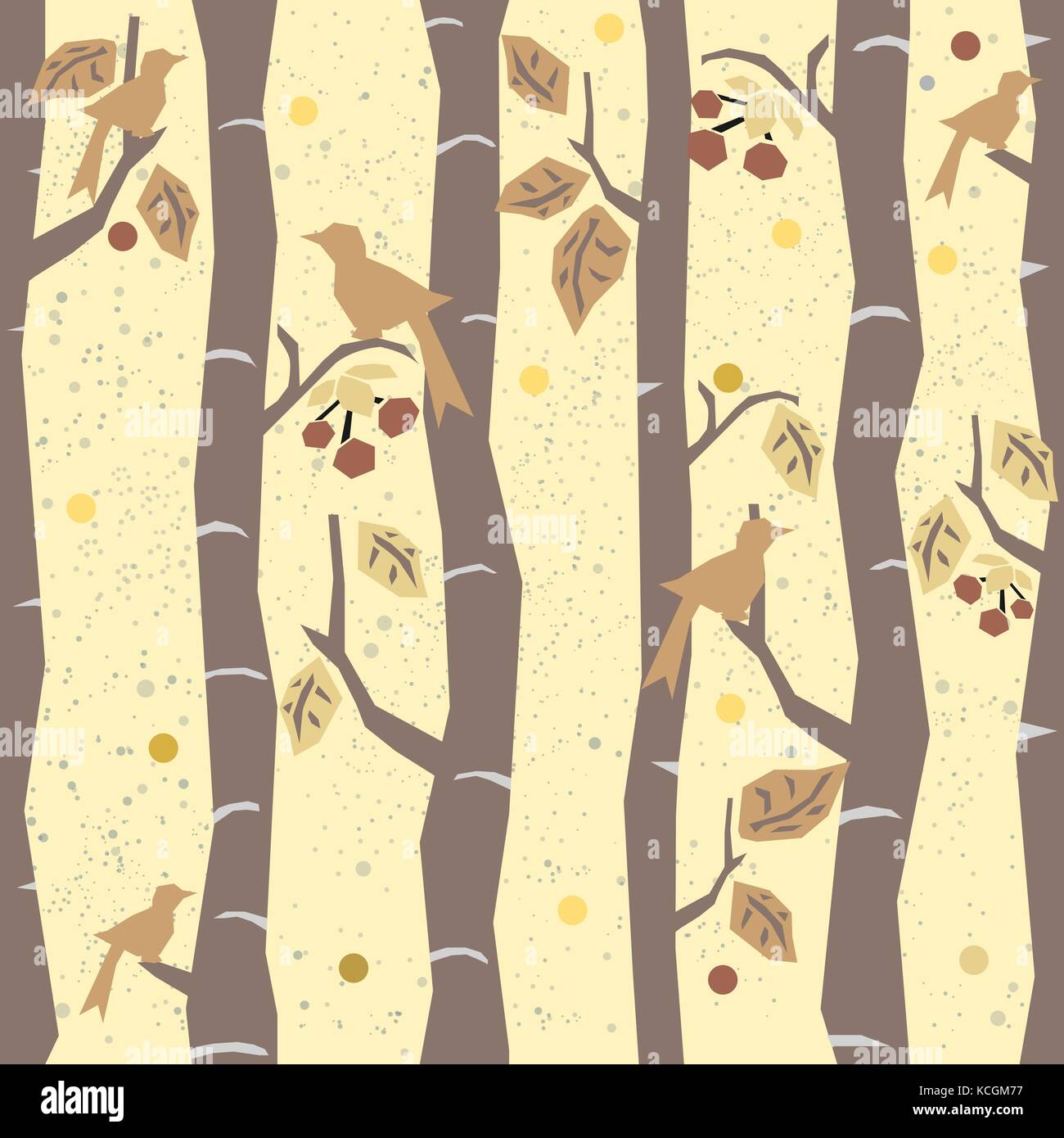 Seamless Tree Pattern with big birds, berries and leaves. Autumn Design ...
