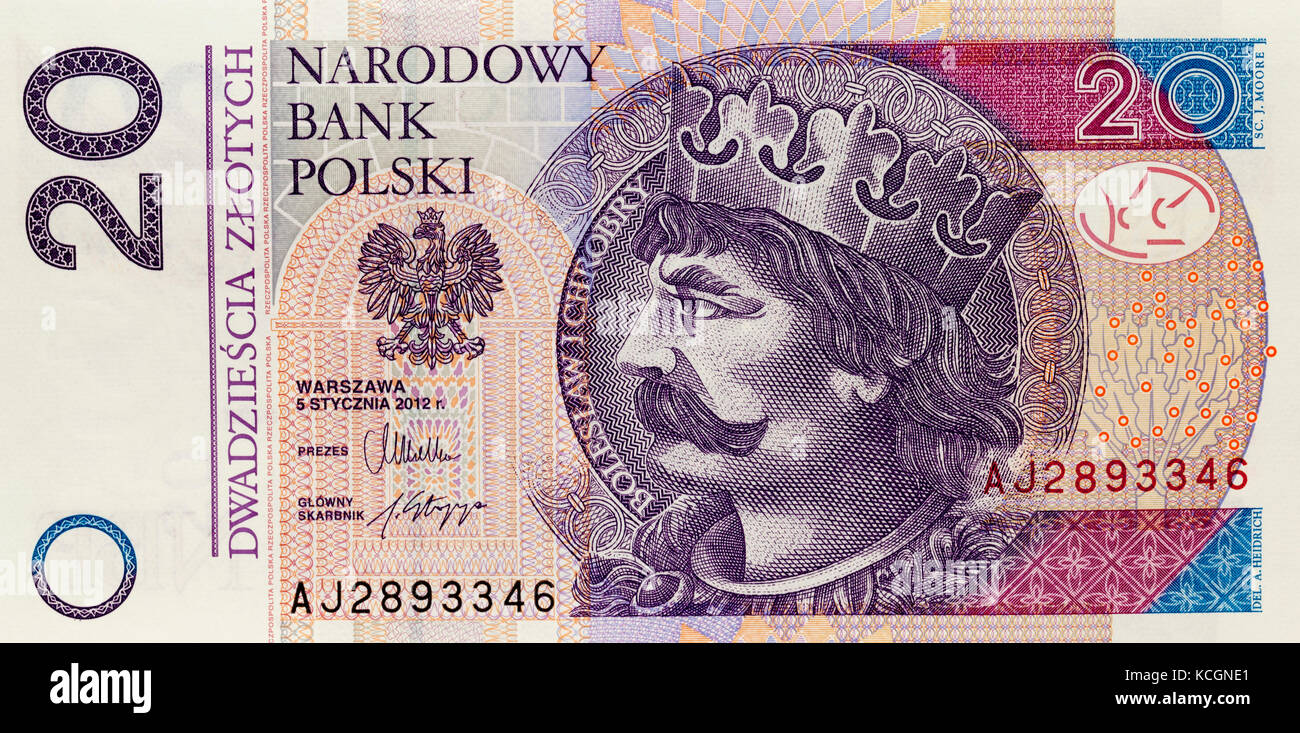 close-up photo of a Polish note worth twenty ZL . On the banknote ...