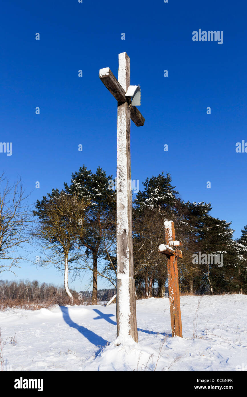 photographed close-up in the winter season of a wooden religious ...
