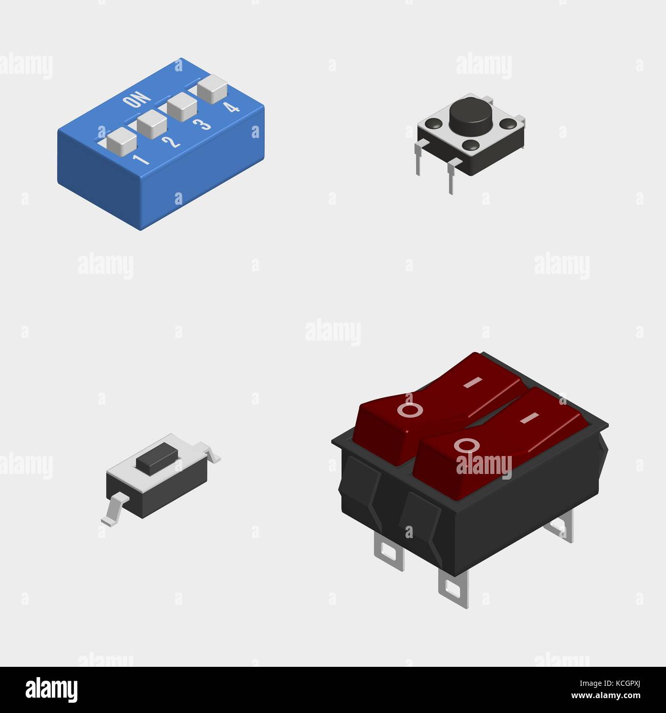 Set of different electric buttons and switches isolated on white ...