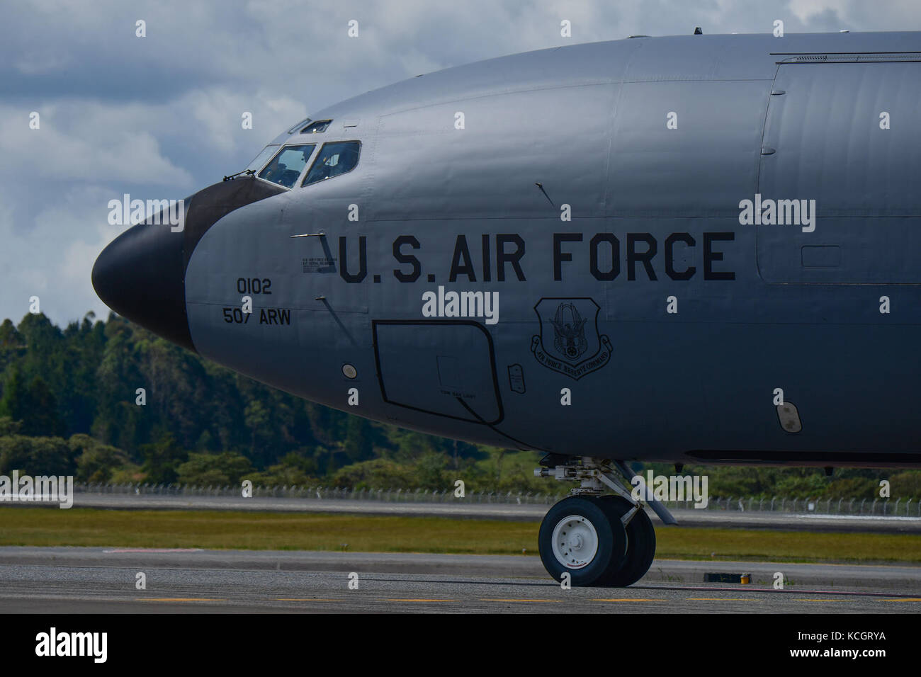 A U.S. KC-135 Stratotanker assigned to Tinker Air Force Base taxis to ...
