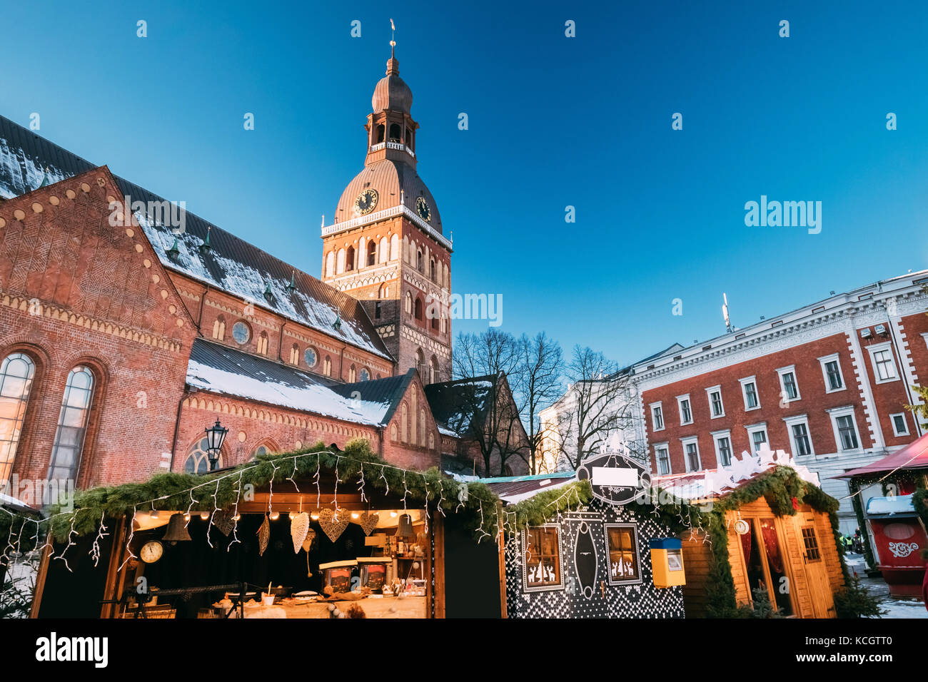 Riga, Latvia. Christmas Market On The Dome Square With Riga Dome ...