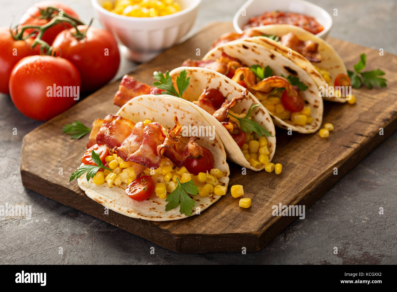 Breakfast tacos with scrambled eggs and bacon Stock Photo - Alamy