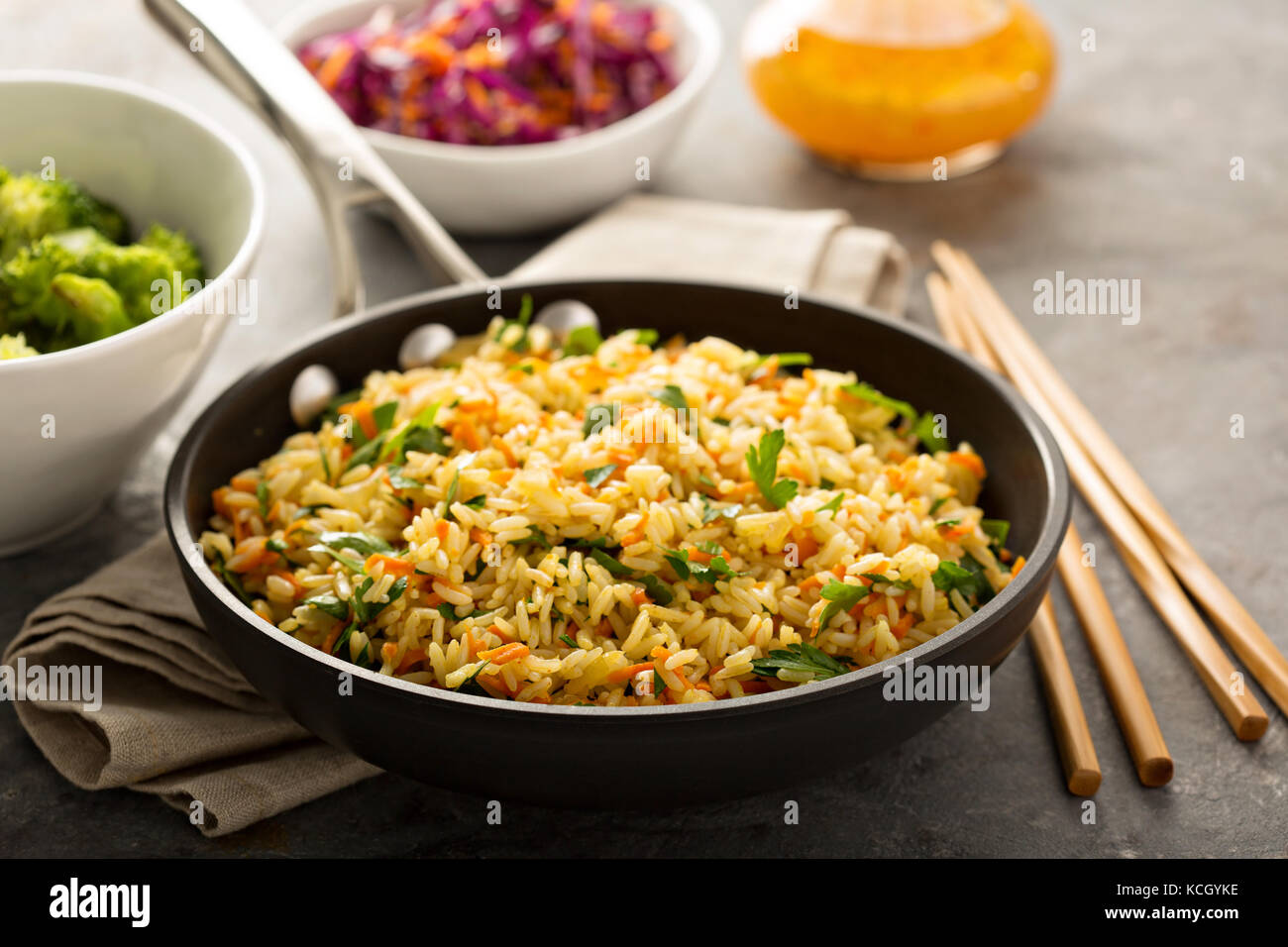 Fried rice with vegetables and steamed broccoli Stock Photo - Alamy