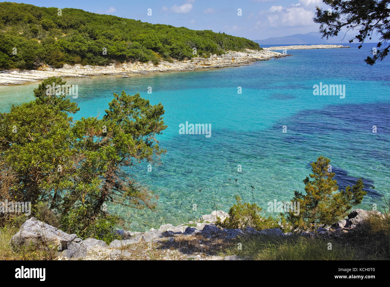 Panoramic view of Emblisi Fiskardo Beach, Kefalonia, Ionian islands ...