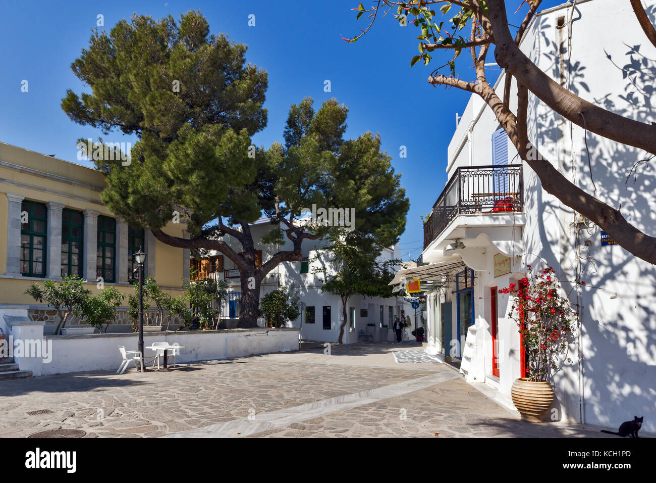 Typical street in town of Parakia, Paros island, Cyclades, Greece Stock ...