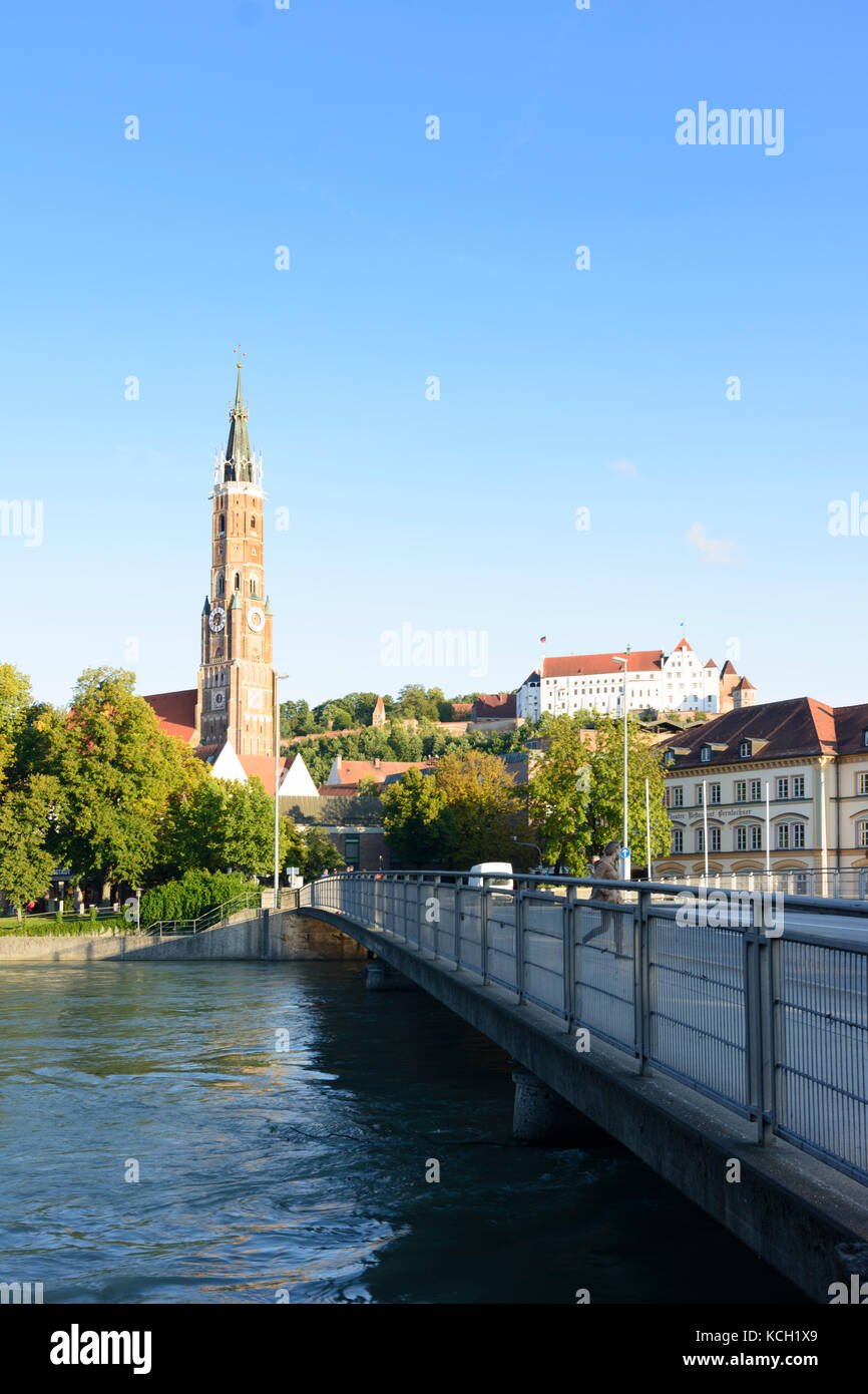 river Große Isar, church cathedral Sankt Martin (Saint Martin), castle ...