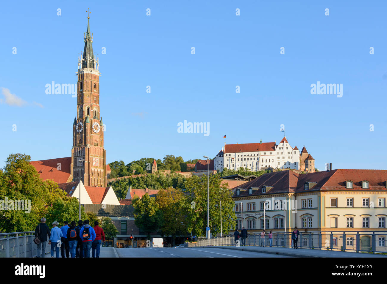 river Große Isar, church cathedral Sankt Martin (Saint Martin), castle ...