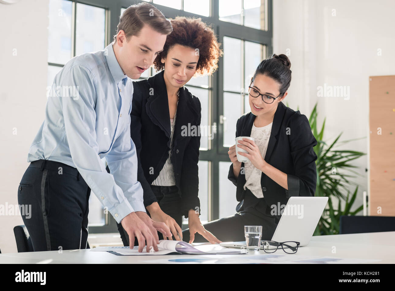 Employees checking together documents and business reports Stock Photo ...