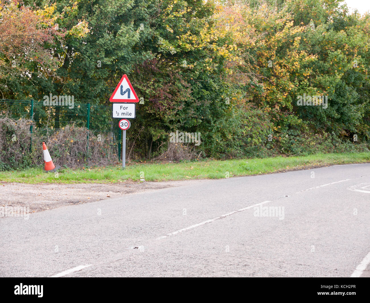 road bend sign for half a mile post pole no cars transport; Essex ...
