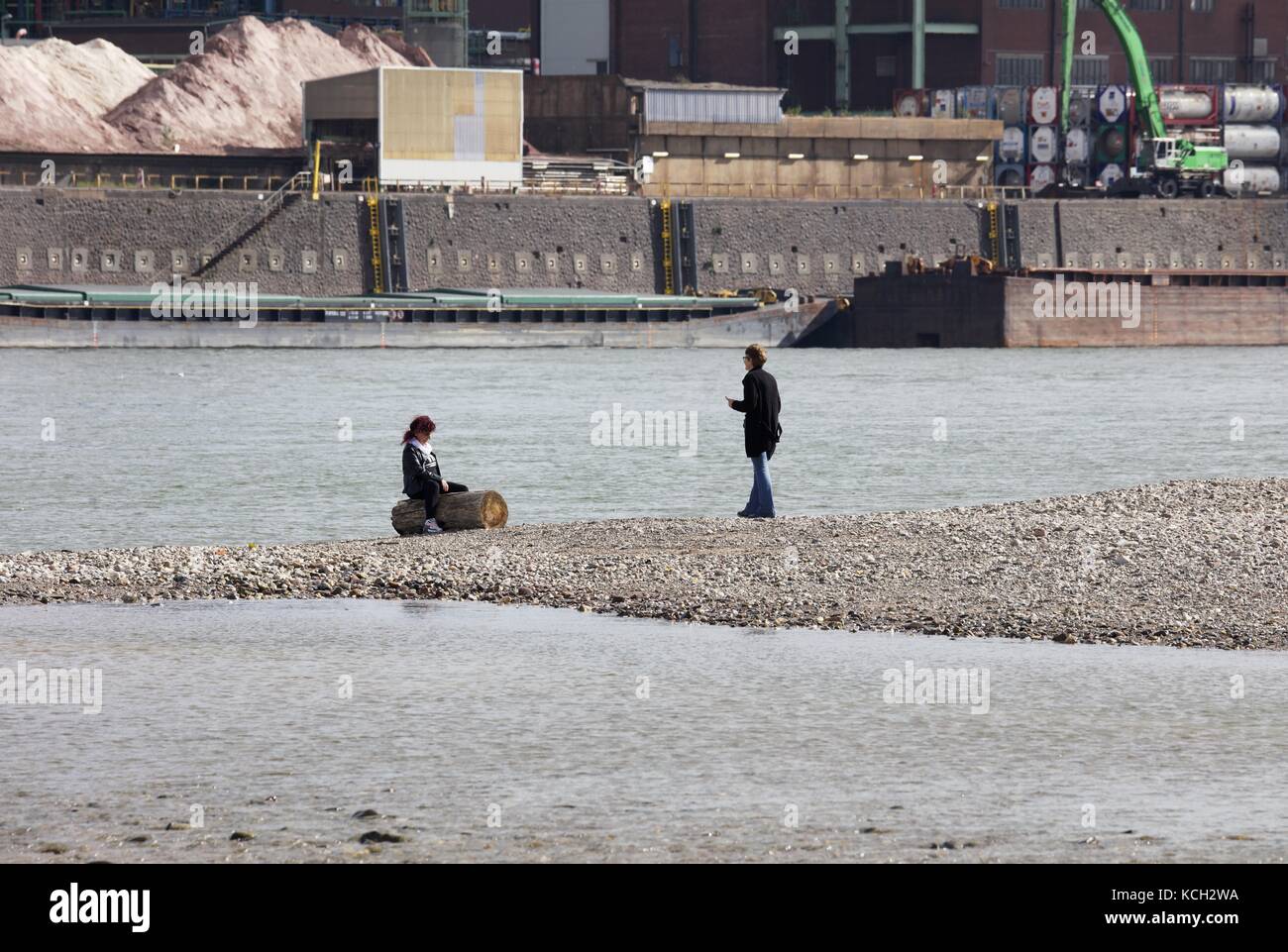 Woman sitting on flotsam tree trunk, River Rhine, near Cologne Germany ...