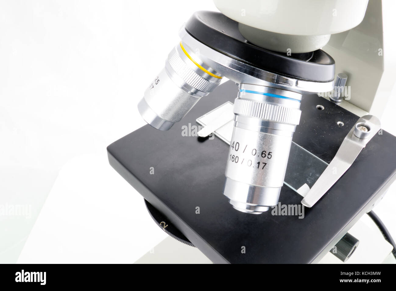 Close up of the lenses of a microscope on white background, Scientific ...