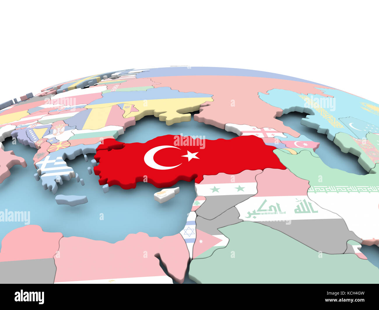 Turkey on political globe with embedded flags. 3D illustration Stock ...