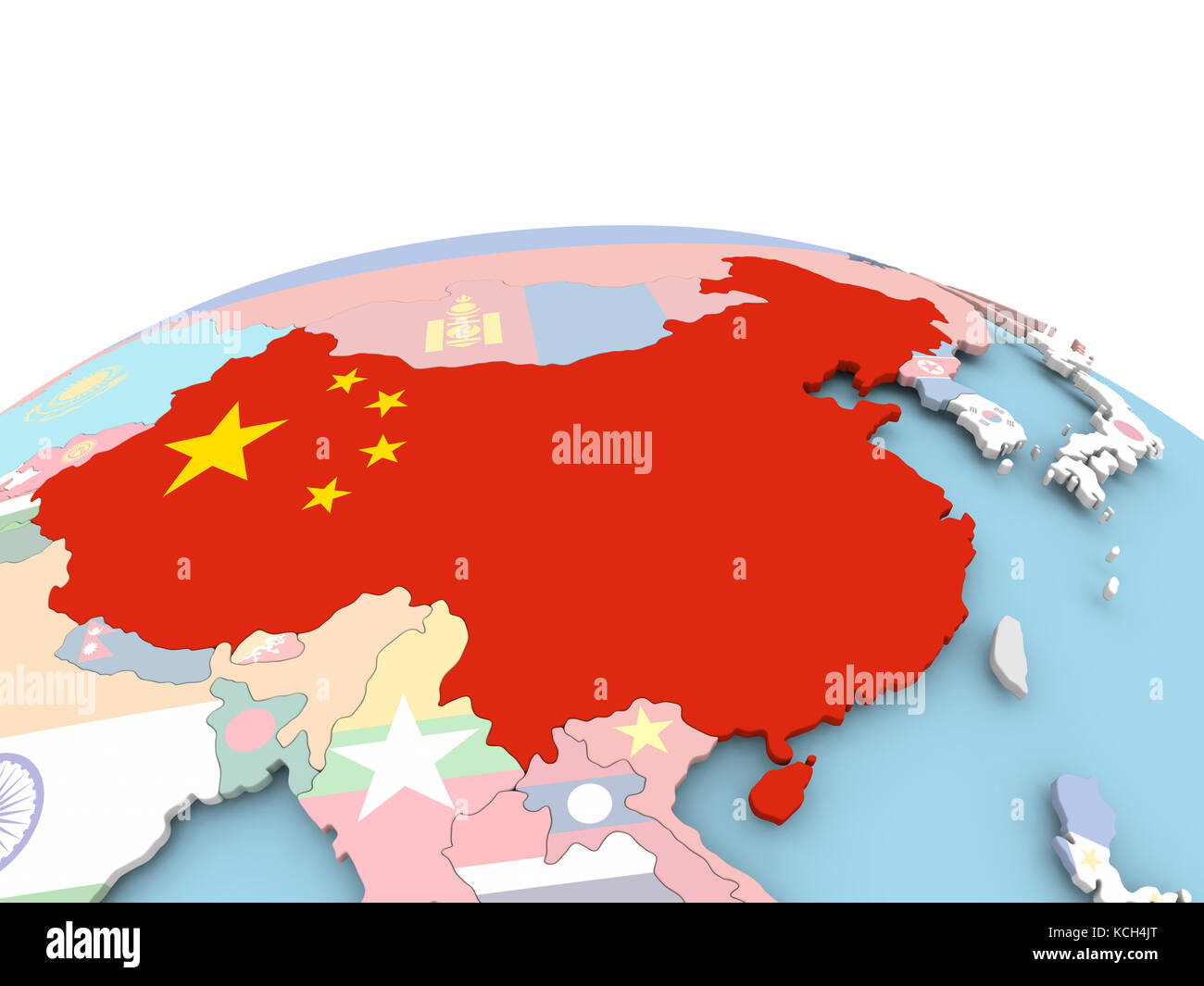 China on political globe with embedded flags. 3D illustration Stock ...