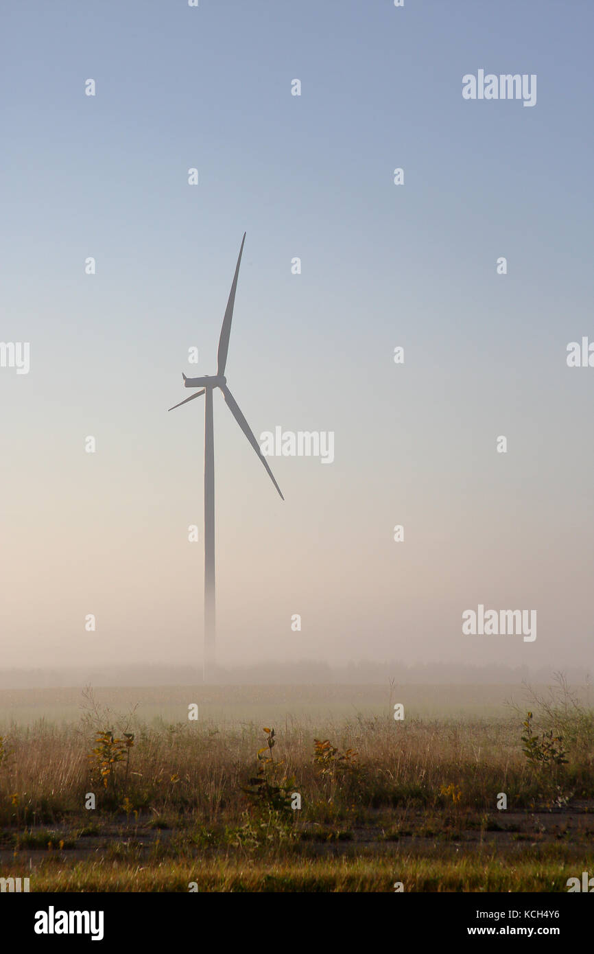 Wind turbine in the mist at dawn in southern Ontario Stock Photo - Alamy