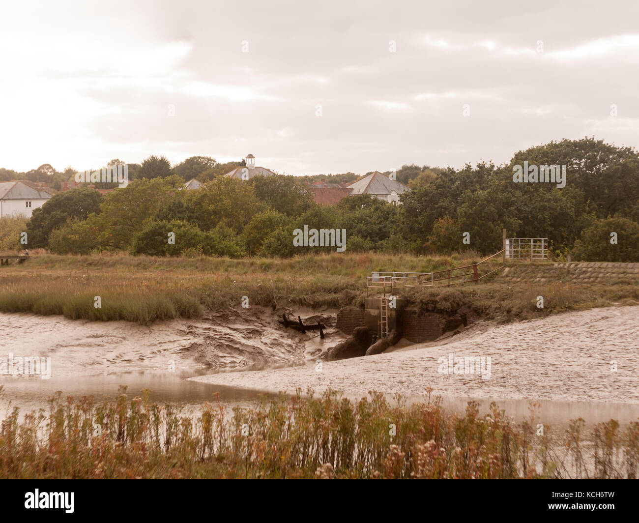 peaceful riverbed coast scene with tide out and low, across the way ...