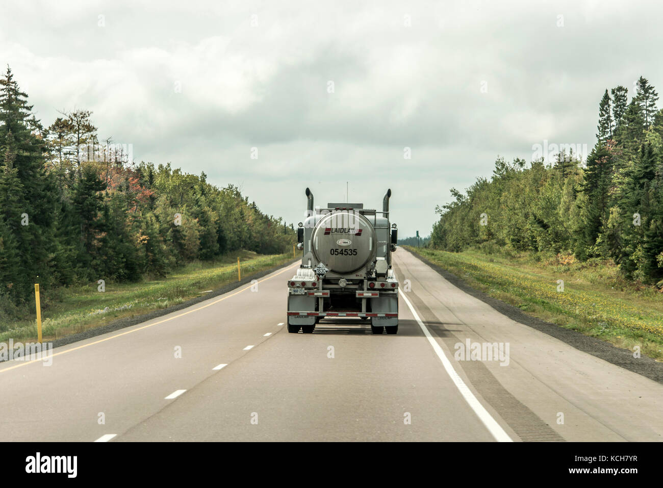 Quebec Canada 09.09.2017 Fuel tanker track driving on the mountain ...