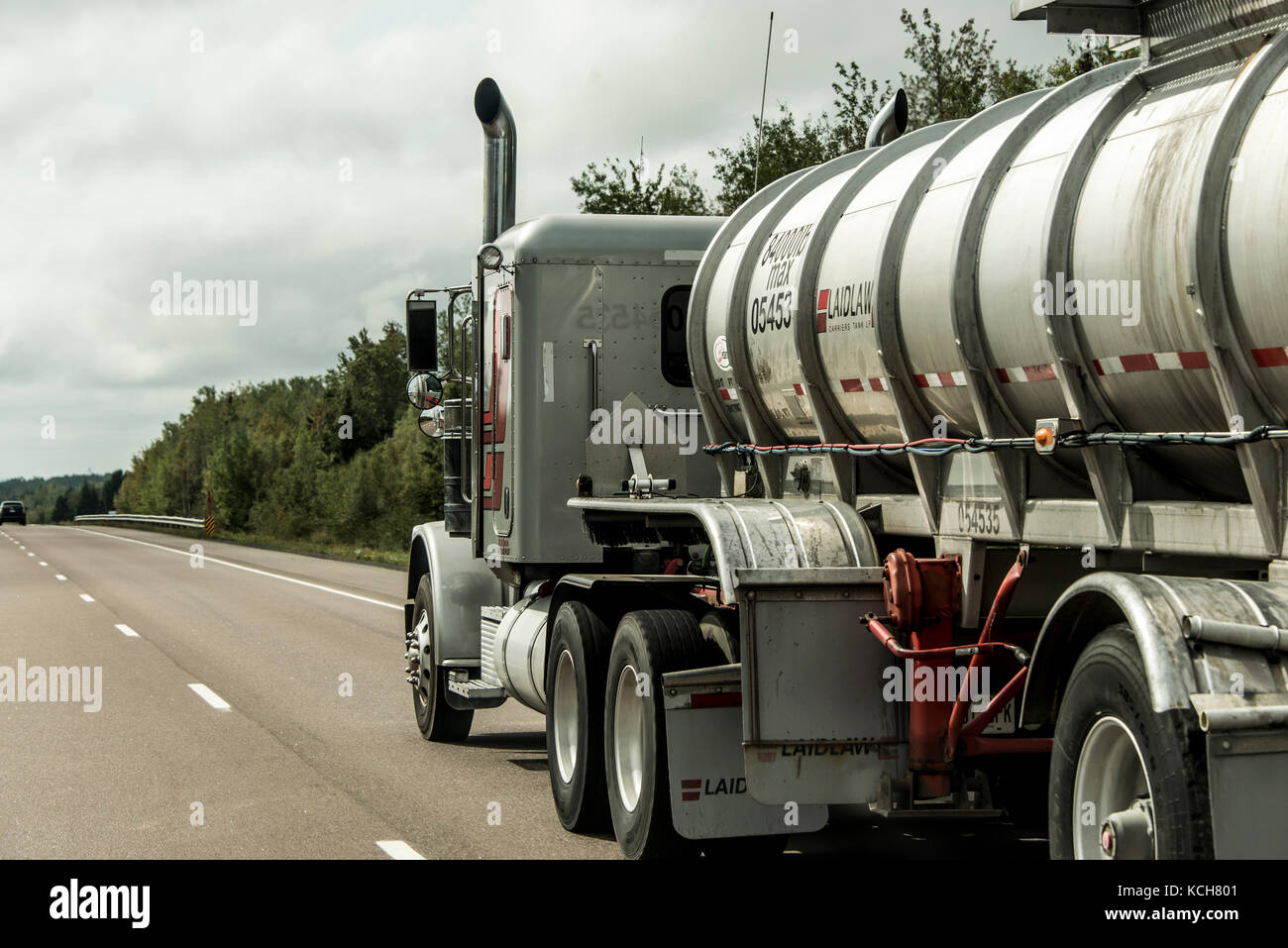 Quebec Canada 09.09.2017 Fuel tanker track driving on the mountain ...