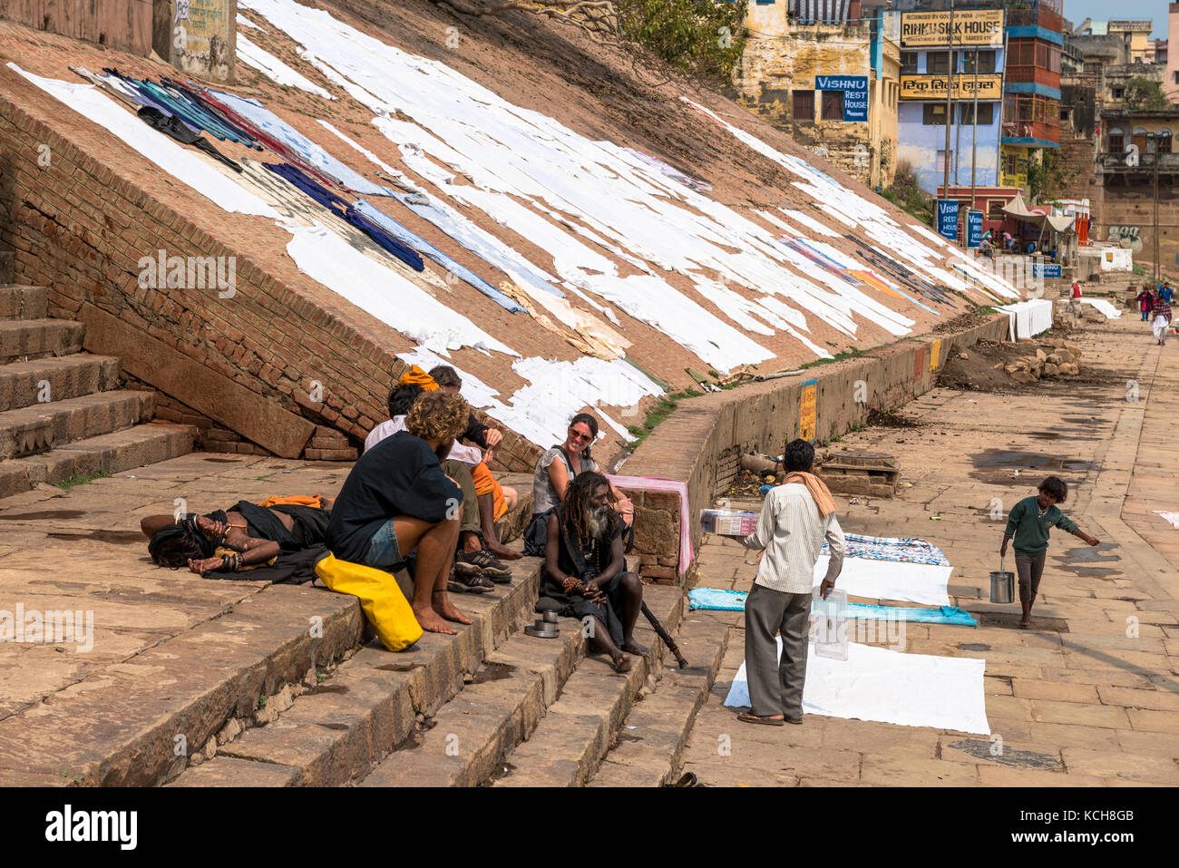 VARANASI, INDIA - MARCH 14, 2016: Horizontal picture of foreigners ...