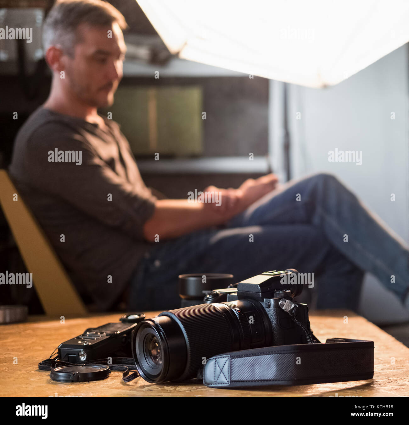 closeup of the camera on the table in the background of the lighting ...